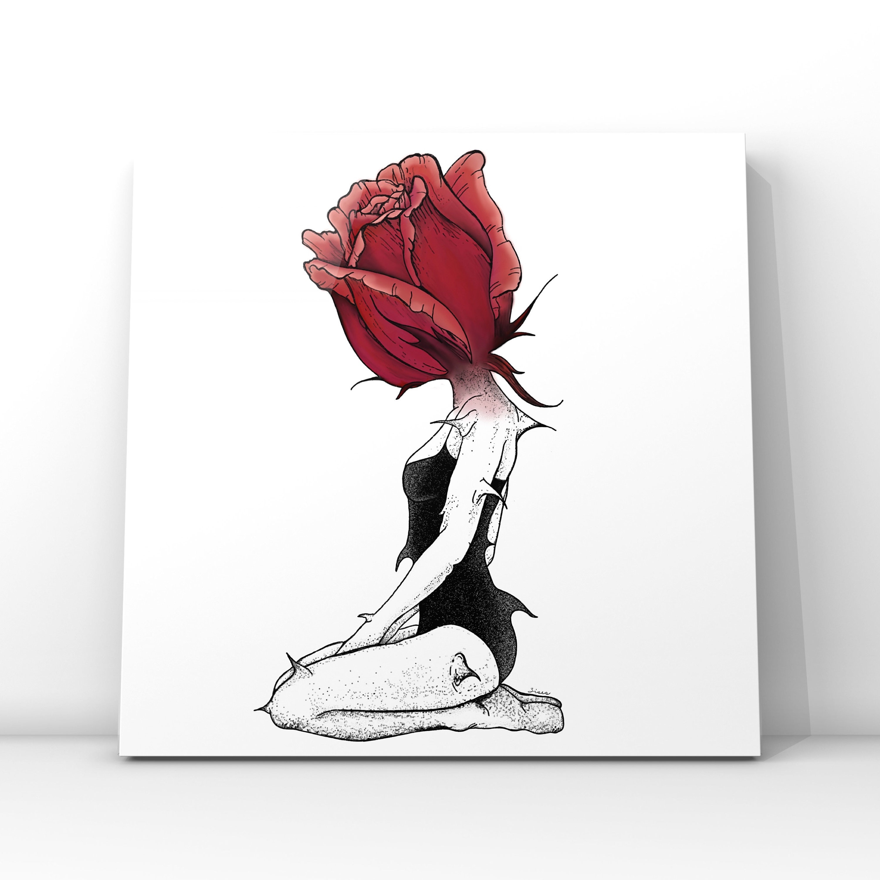 Woman With Rose Head, Hand Drawn Print, Perfect for Yoga Studio ...