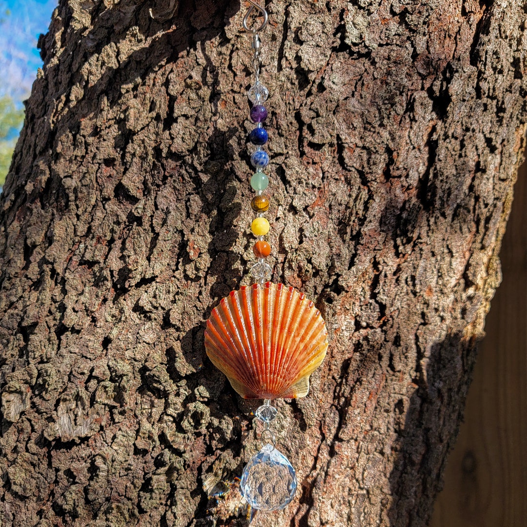 Chakra Gemstone & Red Scallop Seashell Sun Catcher W/ Crystal Beads and ...
