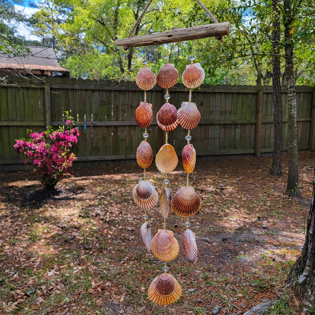 Red Scallop Seashell and Driftwood Mobile W/ Seed Beads and Crystals ...