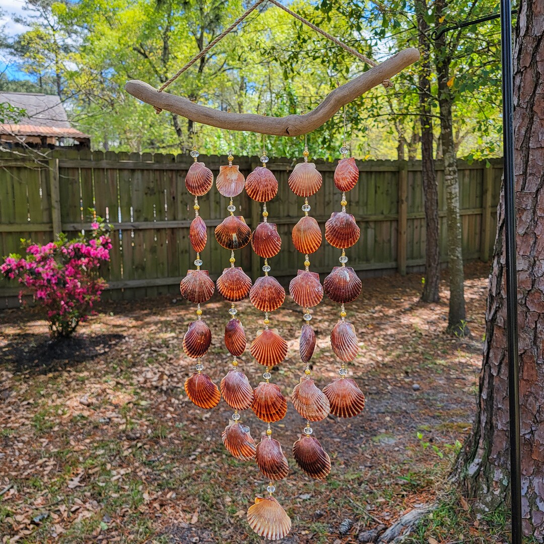 Red Scallop Seashell and Driftwood Mobile W/ Seed Beads, Crystals ...
