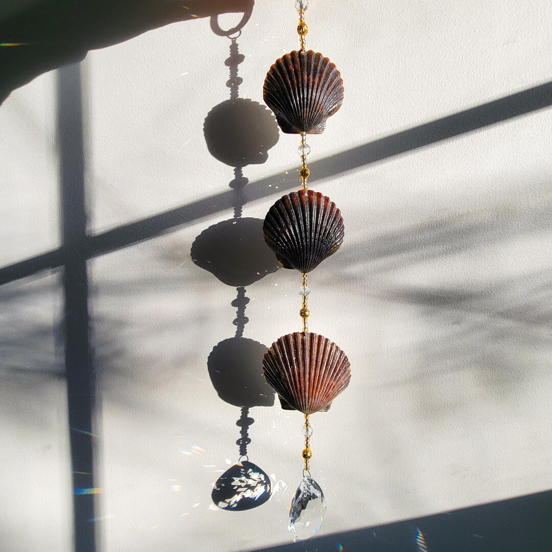 3 Scallop Seashell Sun Catcher With Crystal Beads, Seed Beads, and a ...