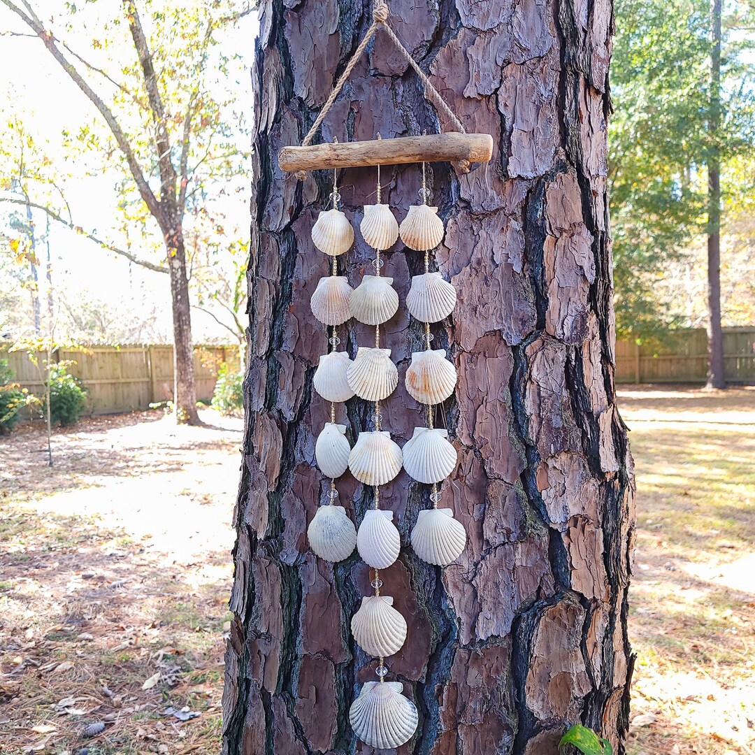 Cream & White Scallop Shell and Driftwood Mobile W/ Gold Seed Beads and ...