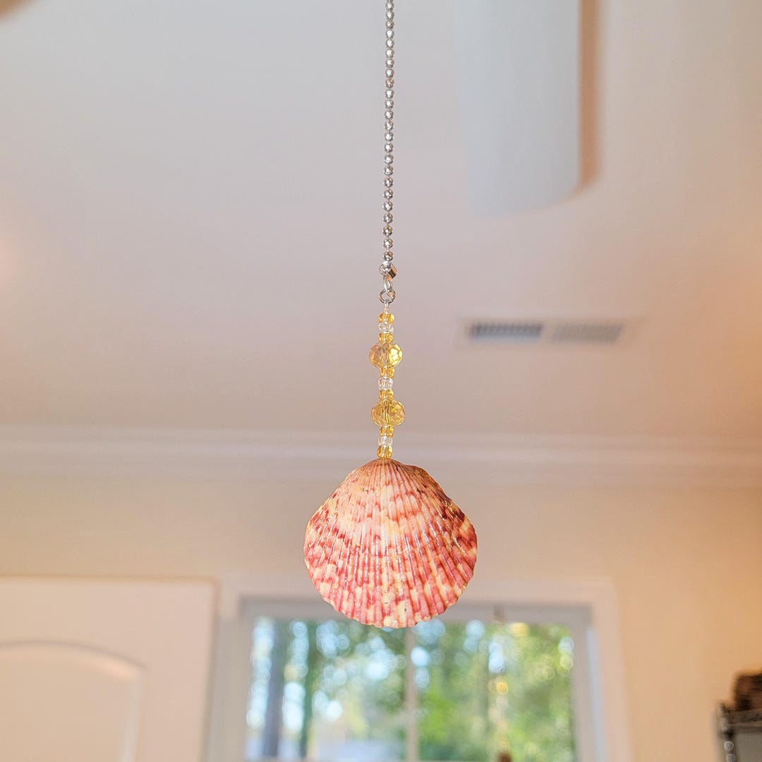 Coastal Ceiling Fan & Light Pull | Scallop Seashell and Crystal Beaded ...