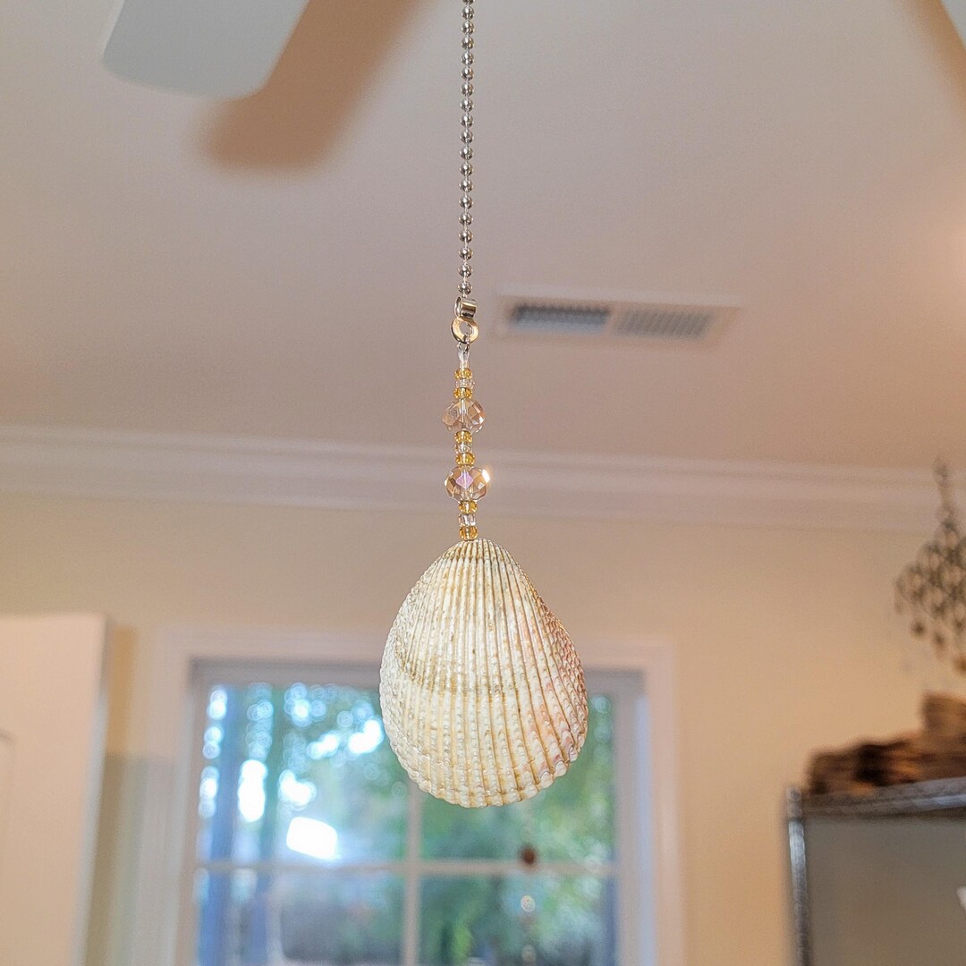 Coastal Ceiling Fan & Light Pull Cockle Seashell and Crystal Beaded ...