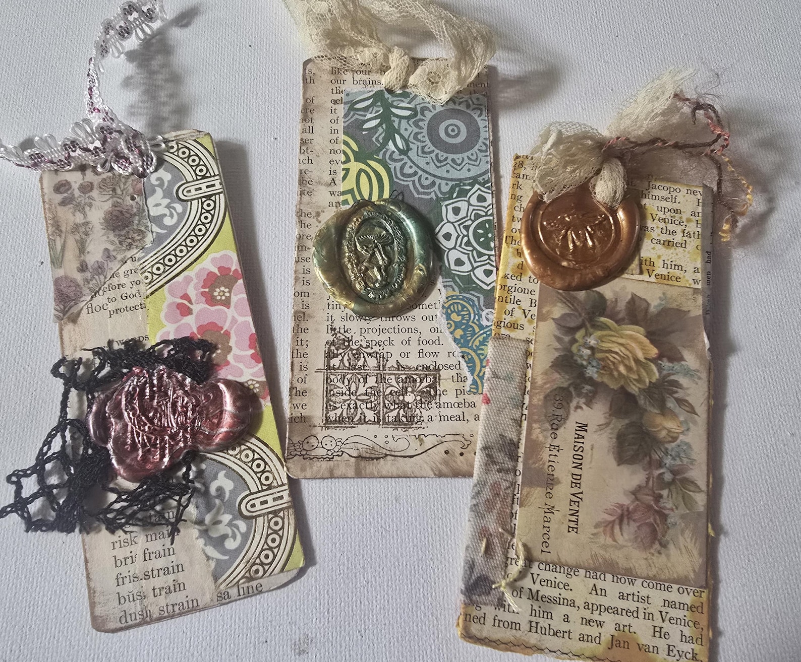 Bookmarks Handmade (3) Upcycled Recycled Vintage Paper Ephemera Stamped ...