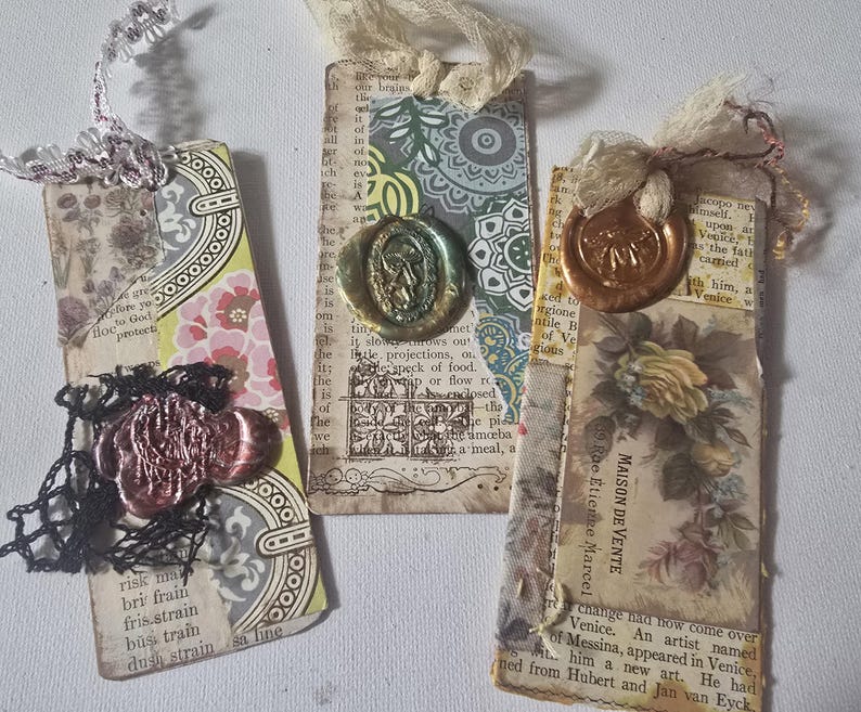 Bookmarks Handmade (3) Upcycled Recycled Vintage Paper Ephemera Stamped ...