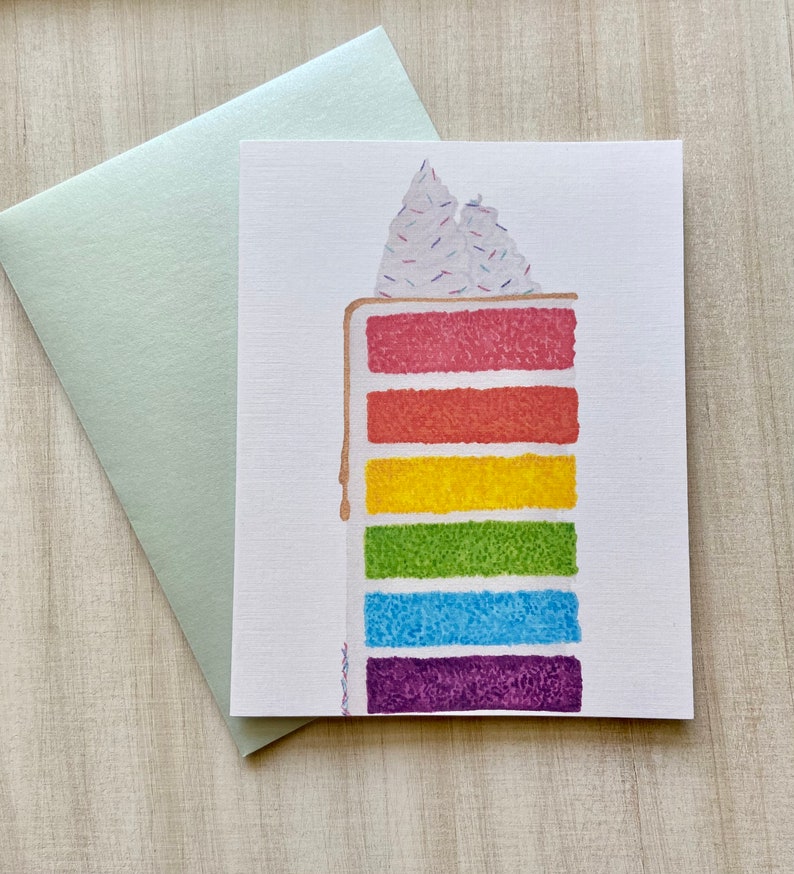 Rainbow Cake Birthday Card & Envelope, Watercolor, Greeting Card, Blank ...