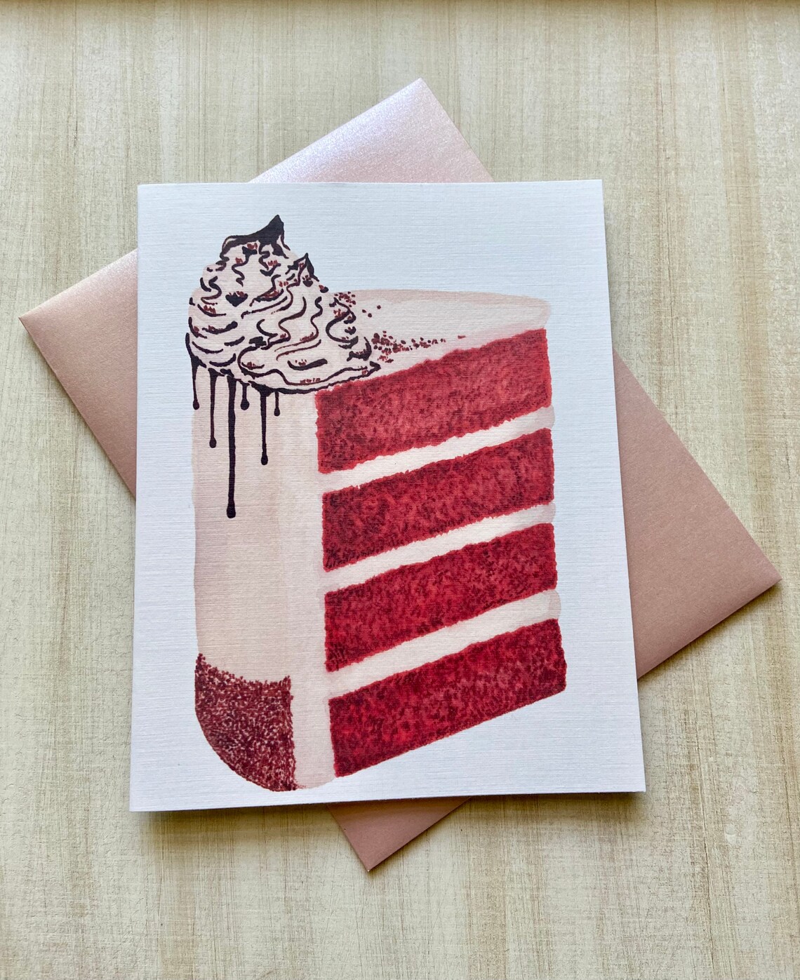 Red Velvet Cake Birthday Card & Envelope Watercolor Art Hand - Etsy