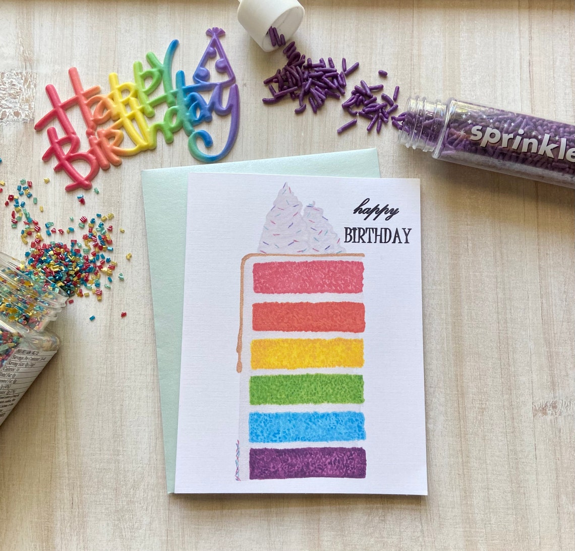 Rainbow Cake Birthday Card & Envelope, Watercolor, Greeting Card, Blank ...