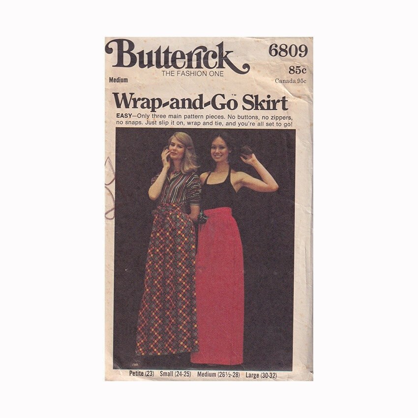 Vintage 1970s Butterick 6809 Wrap and Go Maxi Skirt Size Medium Waist ...