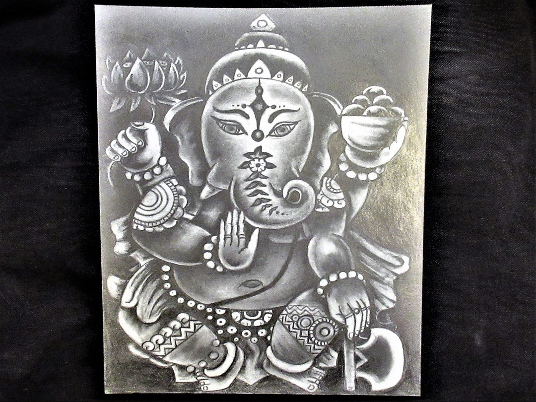 Original Ganesh II Black and Grey Pencil Drawing on Drafting Paper 11 X ...