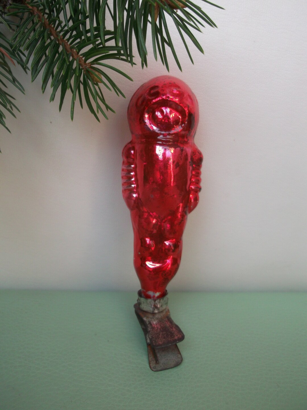 Red Spaceman. Red Cosmonaut in Space Suit. Vintage Christmas Tree Glass ...