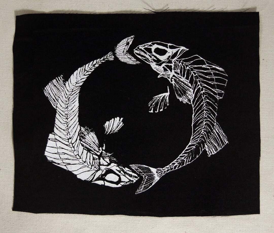 Screenprint FISH SKELETON Yin and Yang Patch Black or White Cotton - Etsy