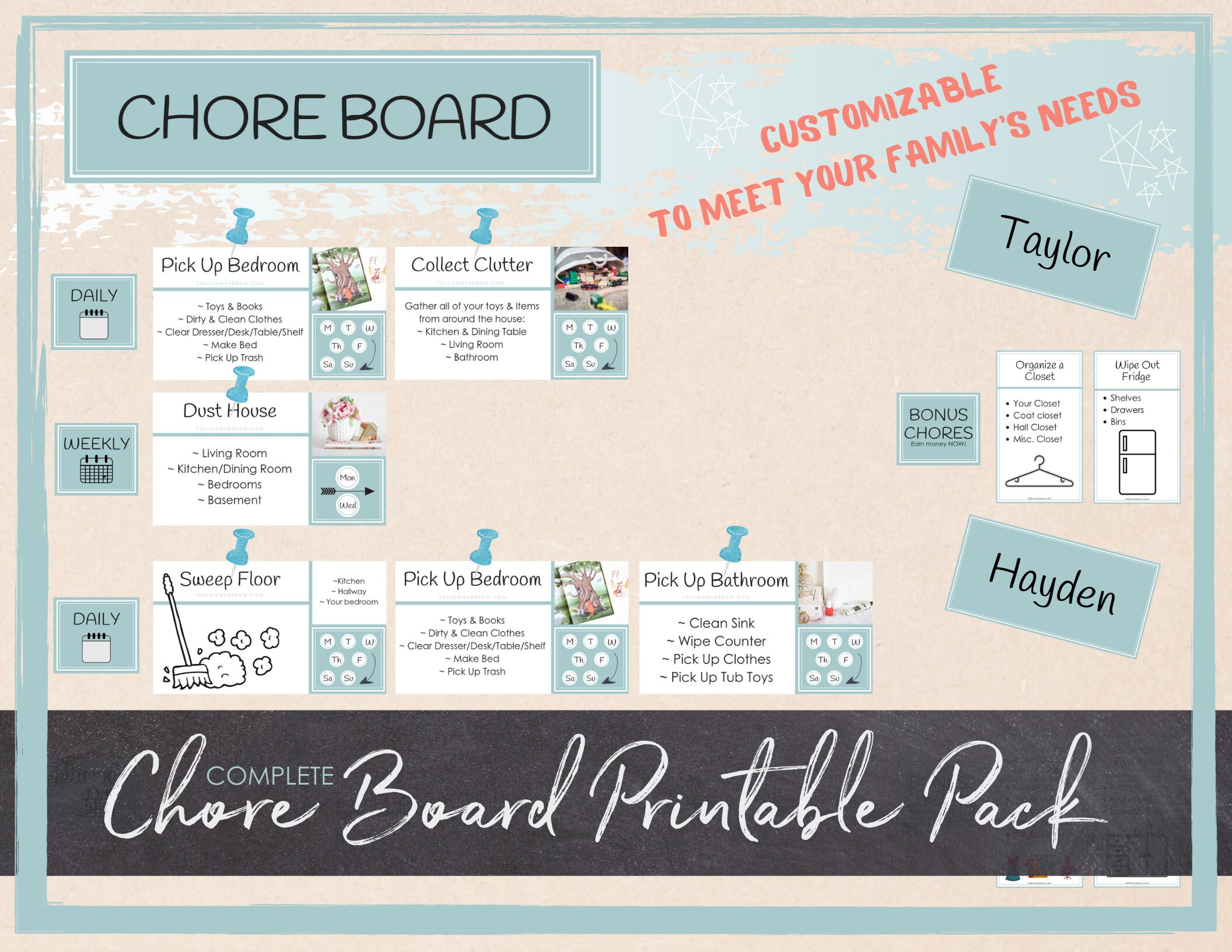Complete Chore Board Printable Pack Aqua / Blue / Teal, Kid Chores ...
