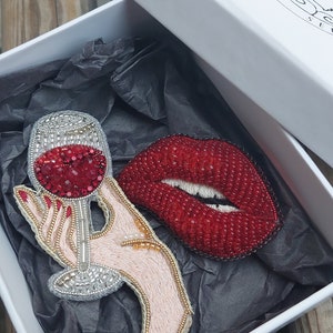Embroidered Lips Brooch,handmade Red Wine Glass Pin,gothic Jewelry ...