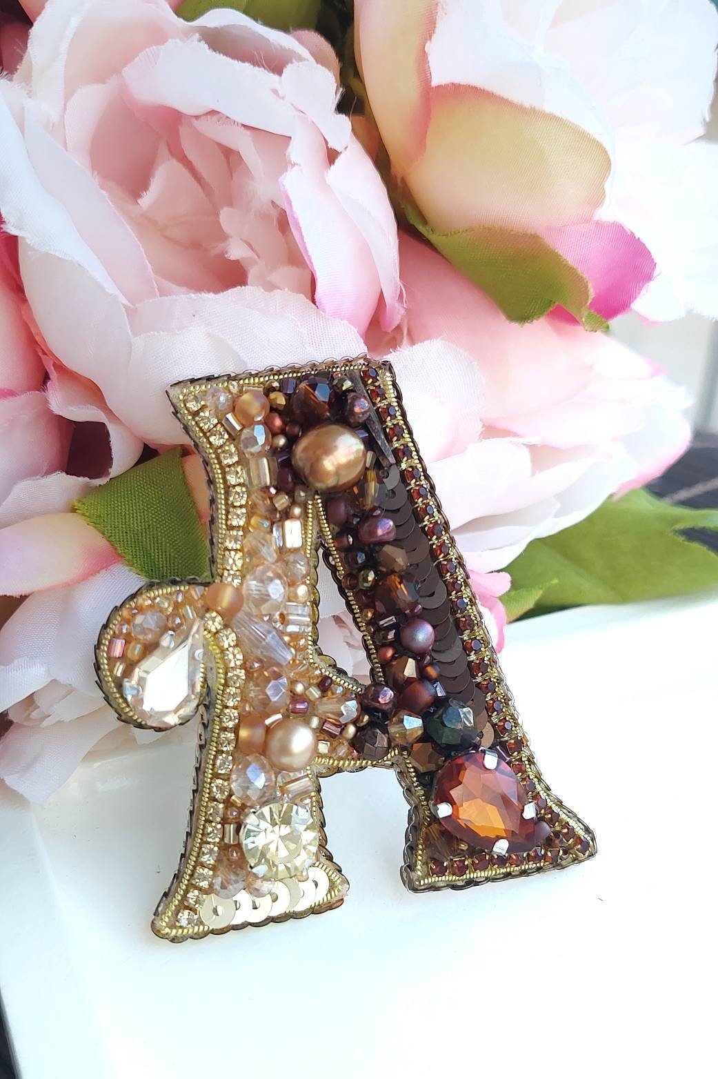 Personalized Embroidered Letter Brooch: Crystal, Pearl, & Sequin Pin - Etsy