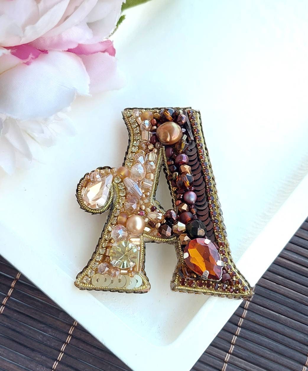 Personalized Embroidered Letter Brooch: Crystal, Pearl, & Sequin Pin - Etsy