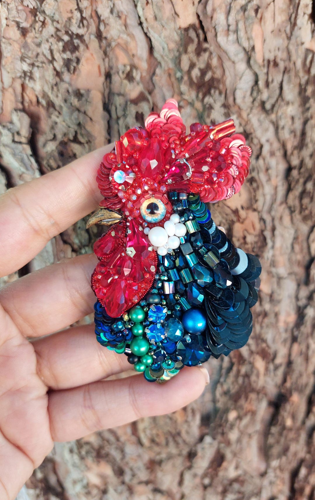 Beaded Rooster Brooch: Crystal, Swarovski Pearl, & Sequin Embroidery - Etsy