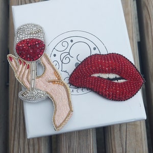 Embroidered Lips Brooch,handmade Red Wine Glass Pin,gothic Jewelry ...