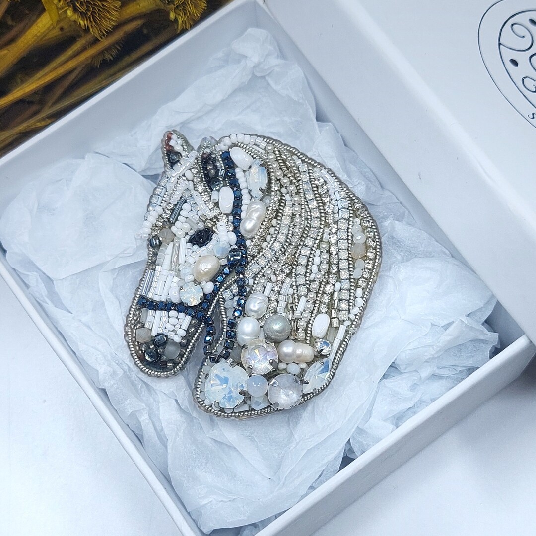 Embroidered White Horse Brooch,gift for Christmas,beaded Crystal Wild ...
