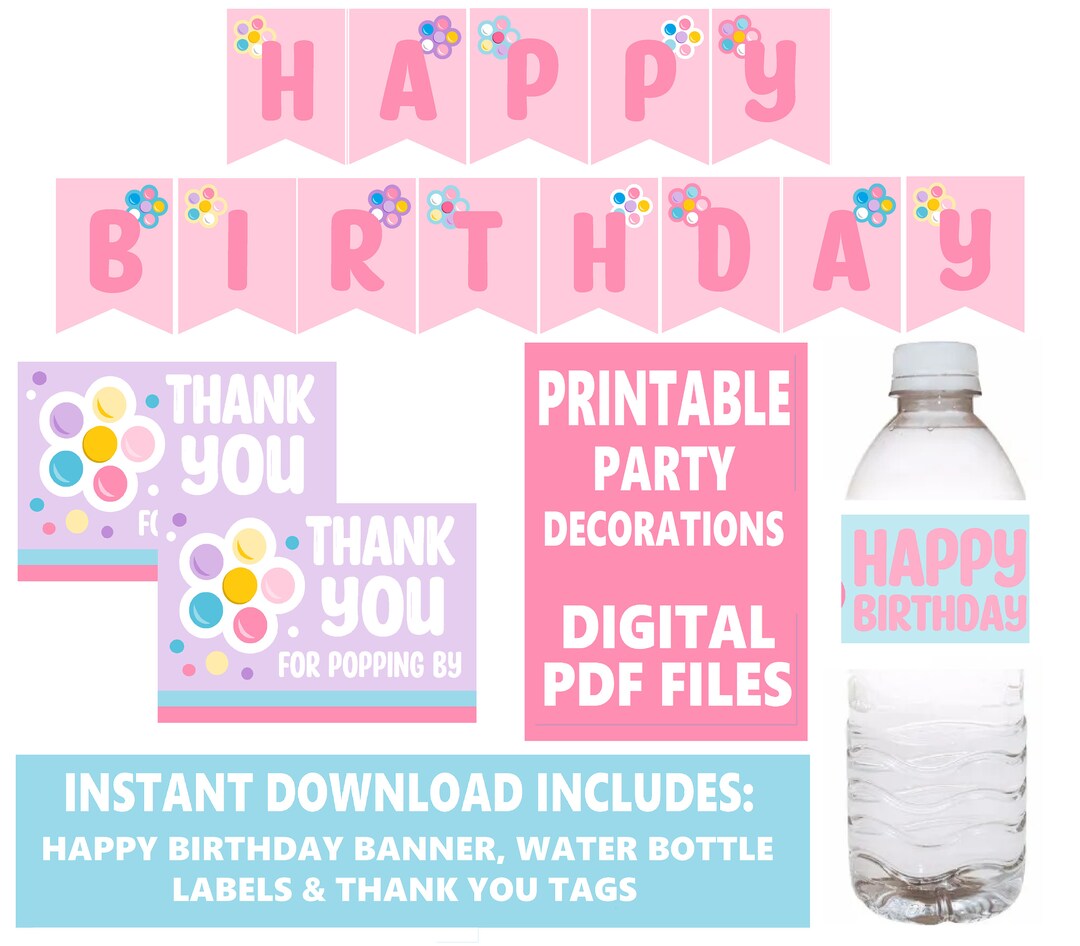 Printable POP IT Party Banner Water Bottle Labels and Thank You Tags ...