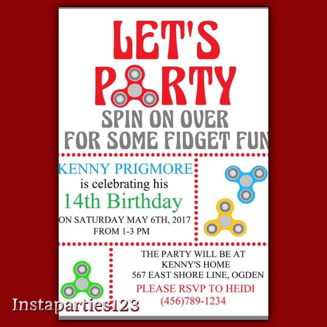 Digital EDITABLE Fidget Spinner Birthday Let's Party Invitations 2 per ...