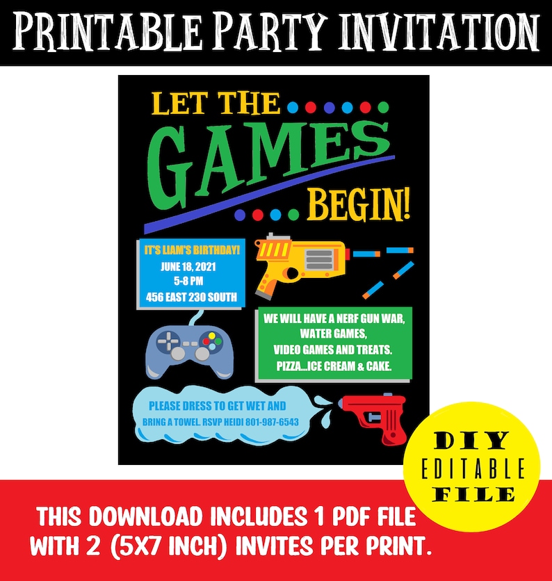 Printable Game Party Invitation DIY Editable DIGITAL Instant - Etsy