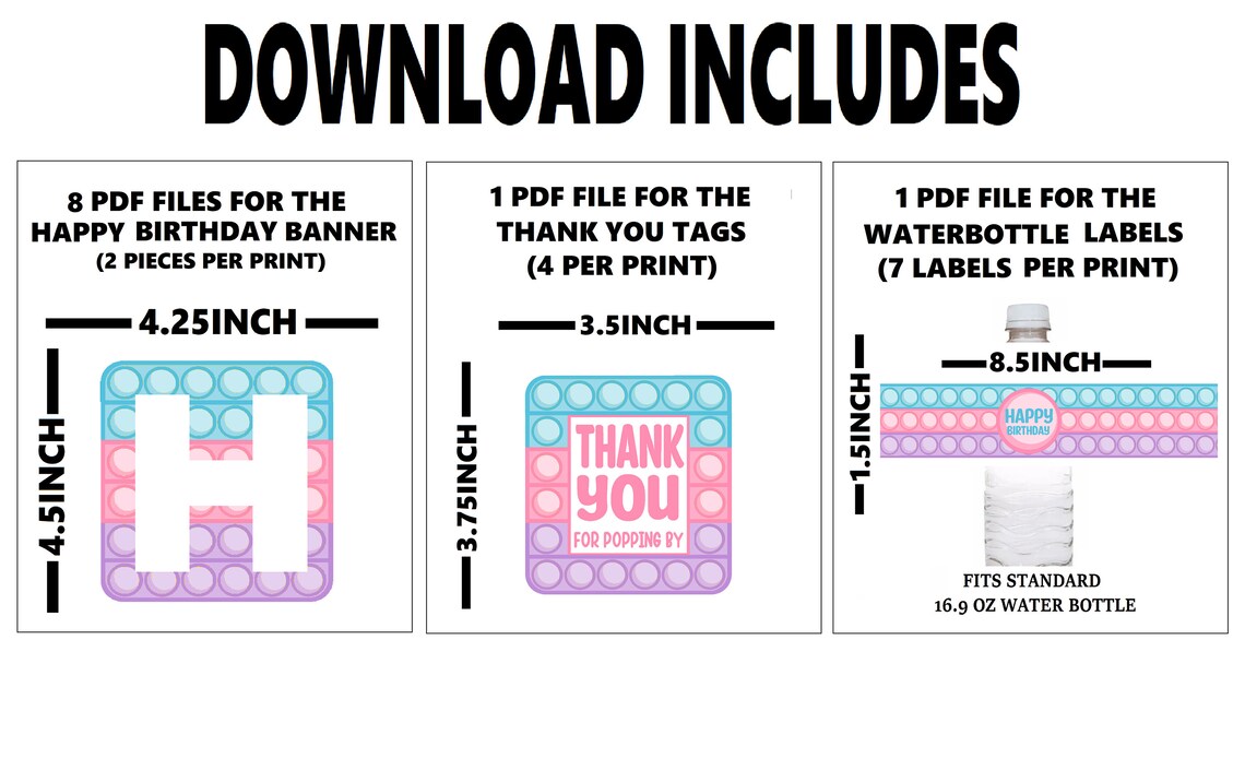 Printable POP IT Party Banner Water Bottle Labels and Thank You Tags ...