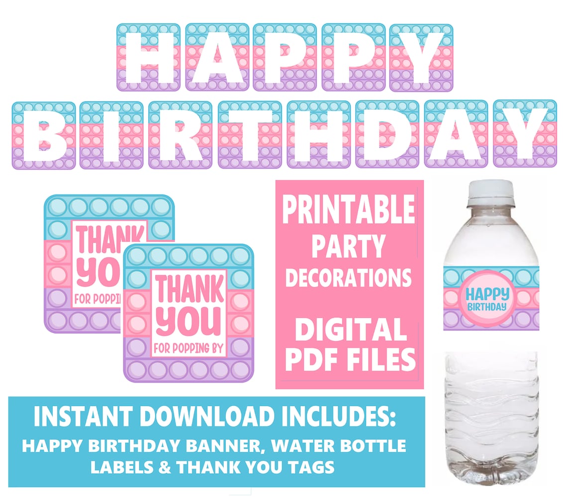 Printable POP IT Party Banner Water Bottle Labels and Thank You Tags ...