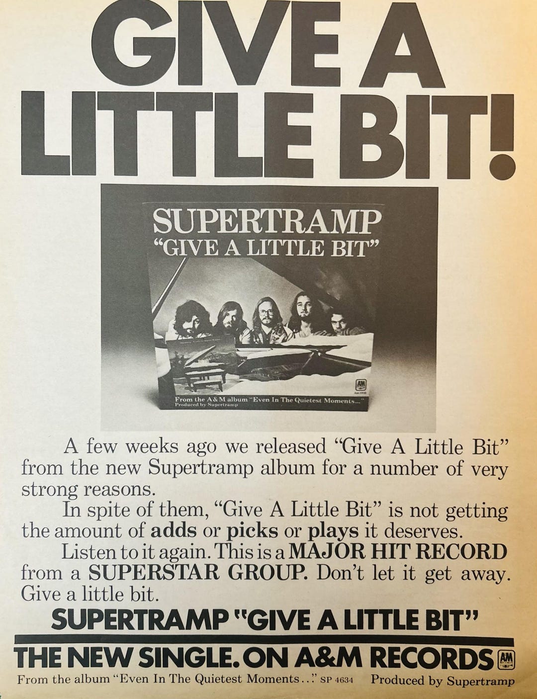 1977 Original Supertramp 'give A Little Bit' Single Release Music ...