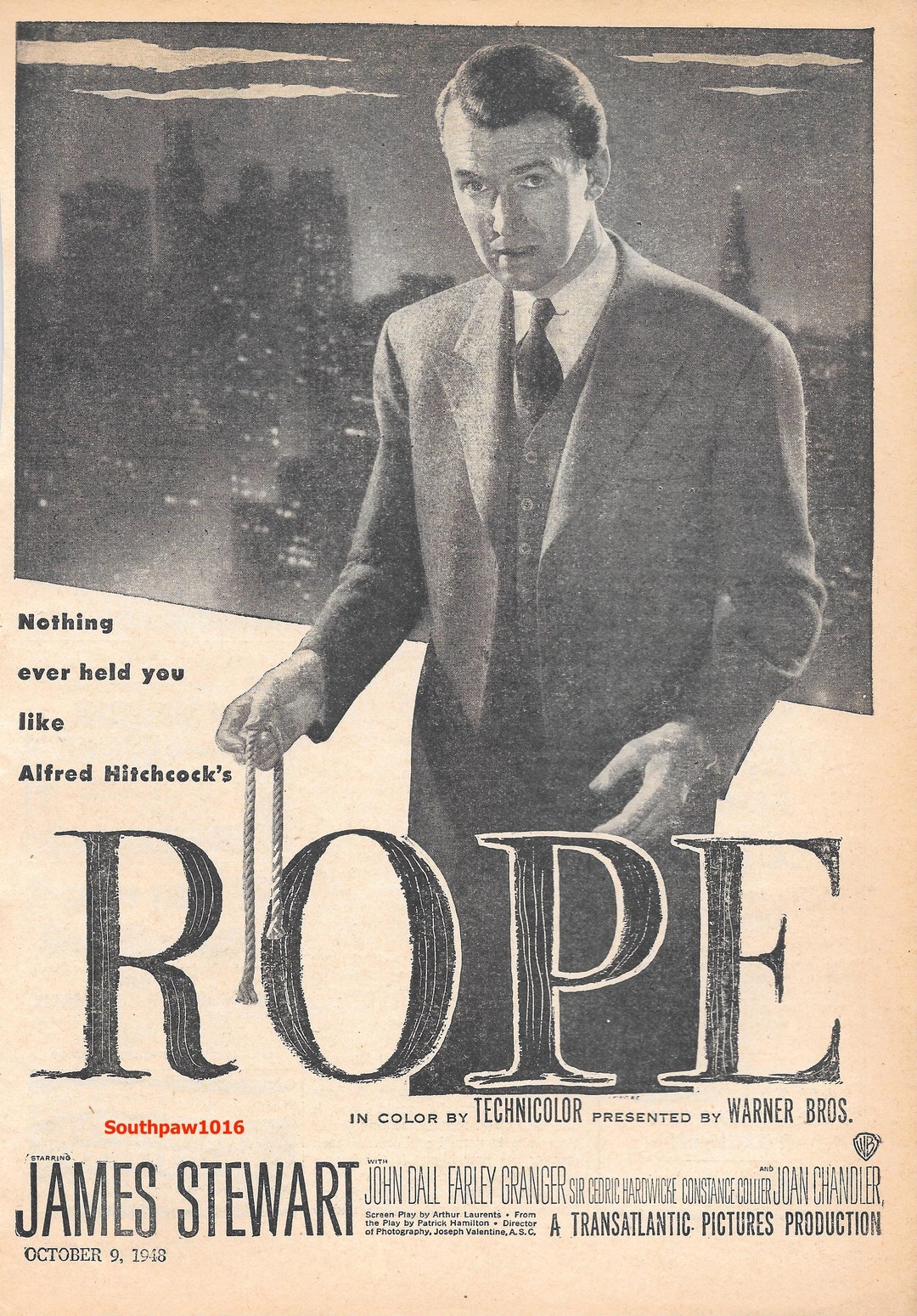 1948 Alfred Hitchcock's 'rope' Starring James Stewart Original Movie ...