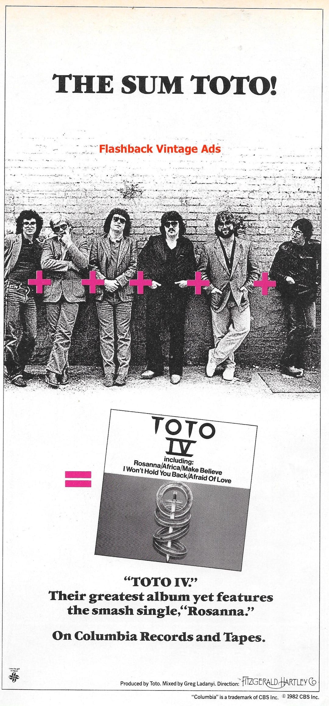 1982 TOTO IV/ROSANNA Record Release Original Music Industry Promotional ...