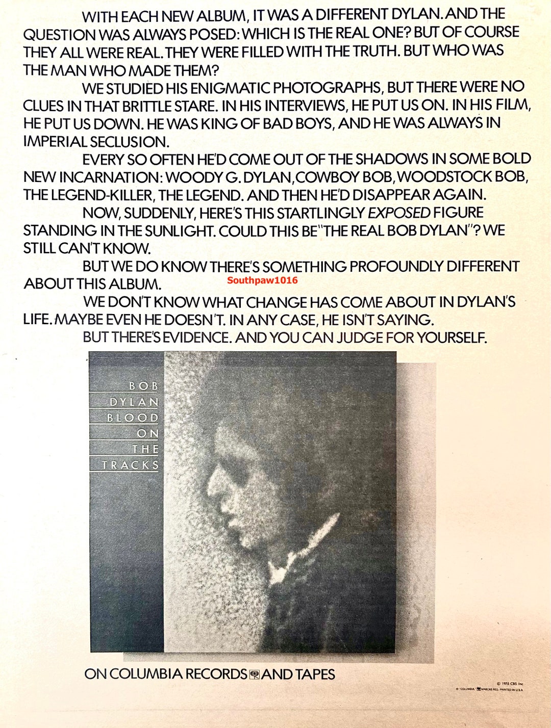 1973 Original Bob Dylan 'blood on the Tracks' Album Release Music ...