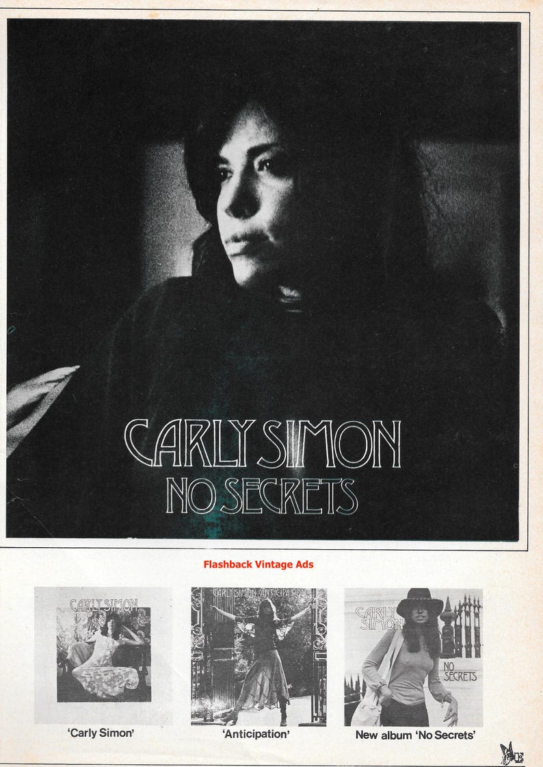 1972 Carly Simon 'no Secrets' Album Release & Collection Original Music ...