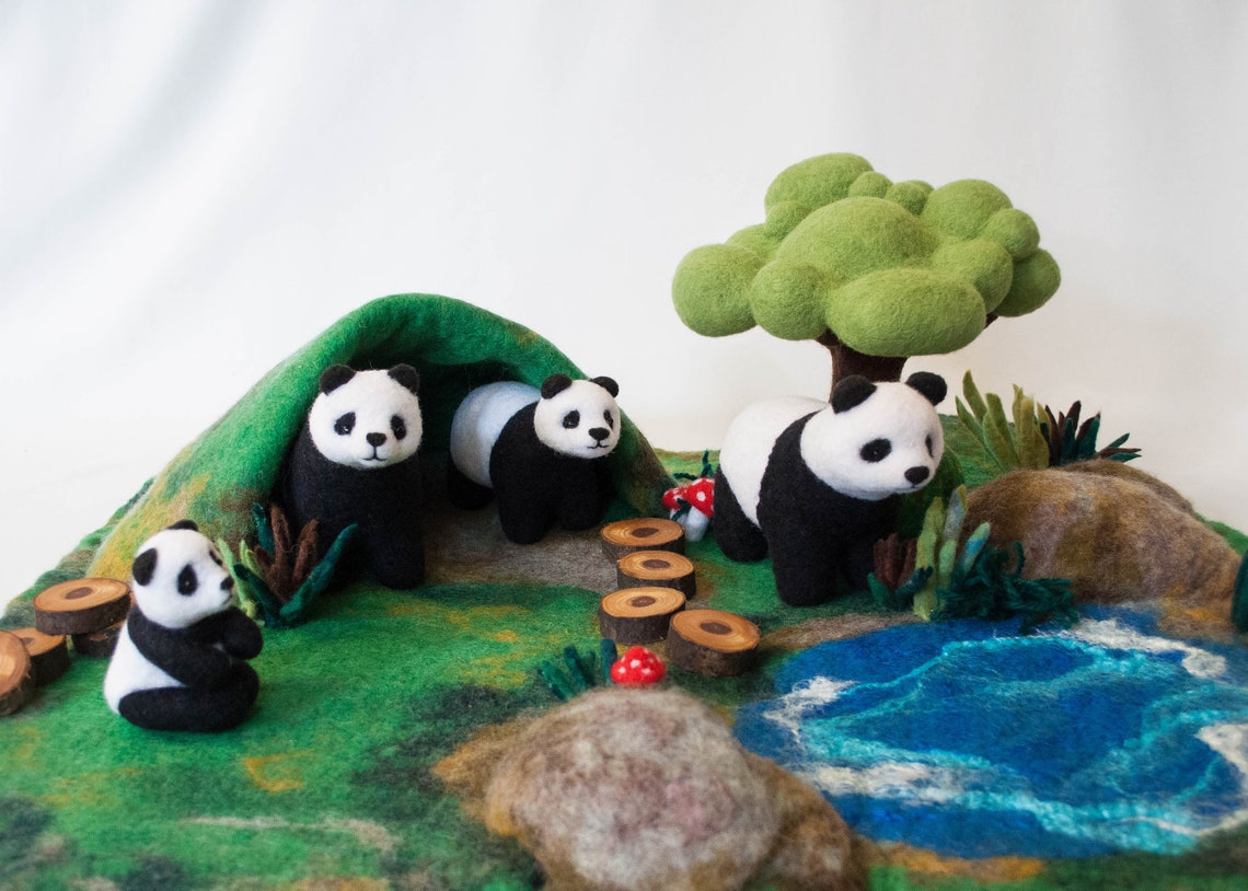 Needle Felted Panda Family With Felted Play Mat Baby Panda - Etsy
