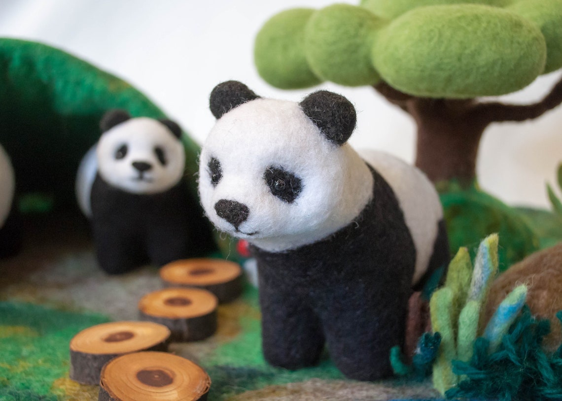 Needle Felted Panda Family With Felted Play Mat Baby Panda - Etsy