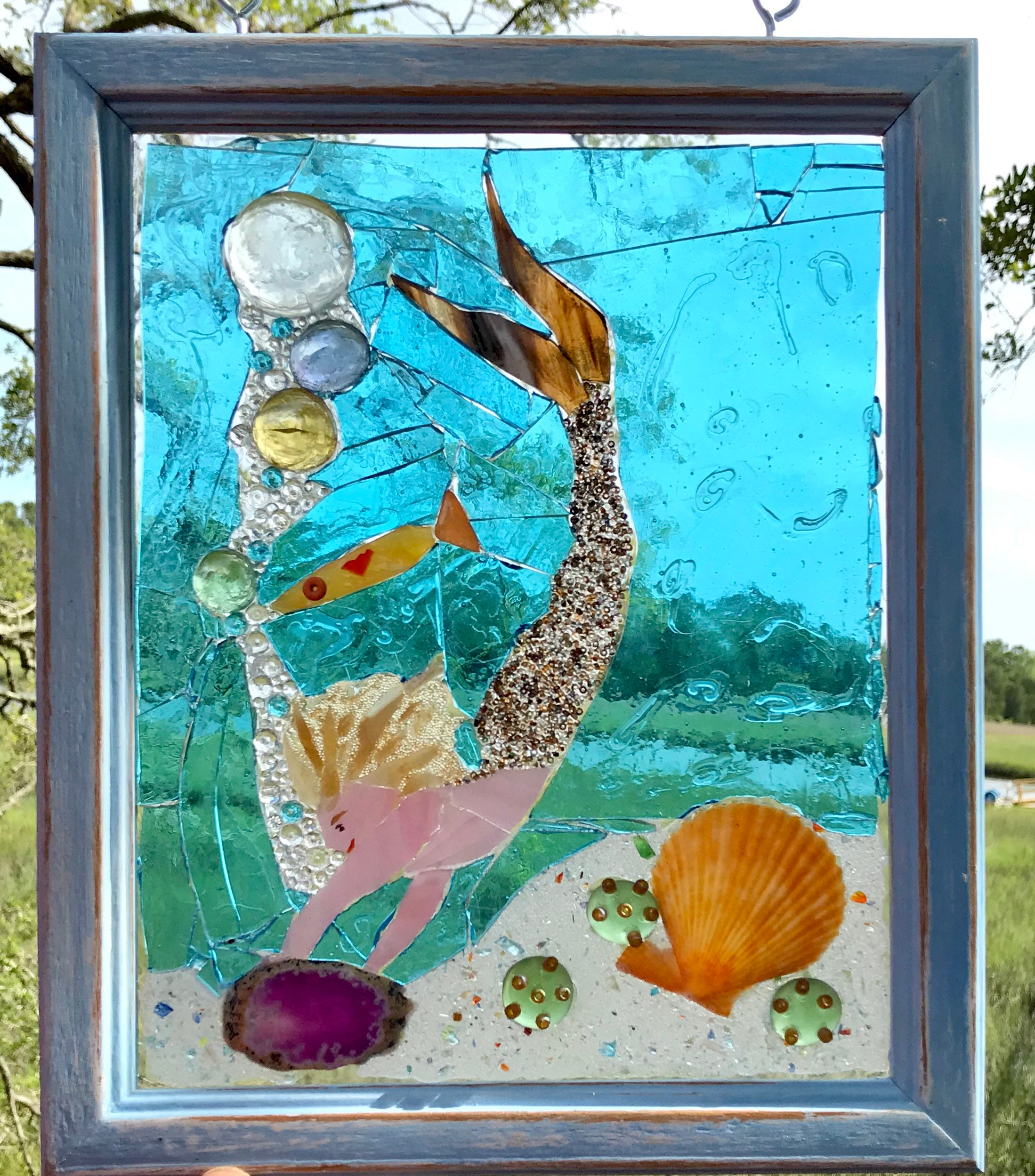 Merman Mermaid Pearl Diver Stained Glass Mosaic Picture Coastal Art ...