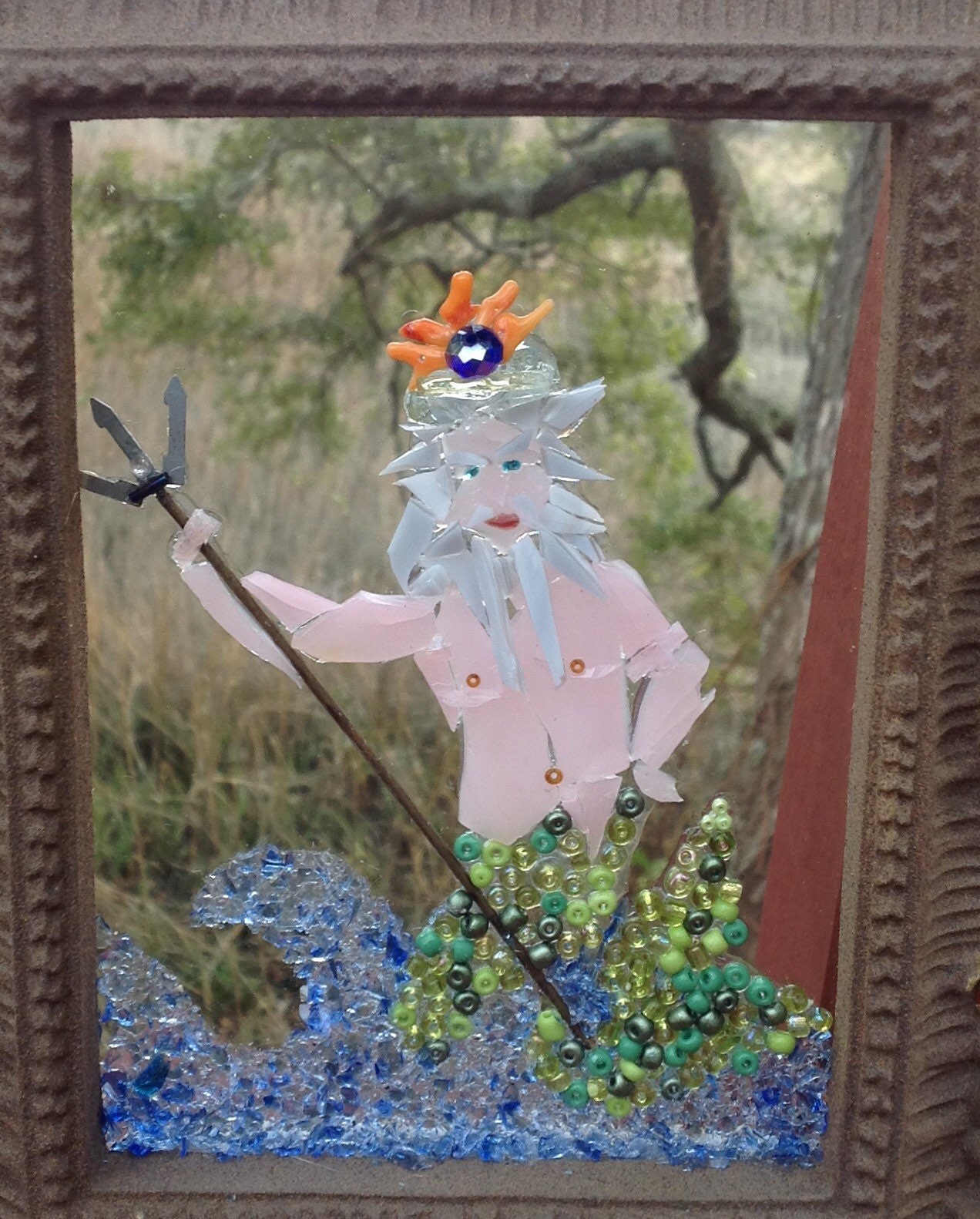 Merman Mermaid Pearl Diver Stained Glass Mosaic Picture Coastal Art ...