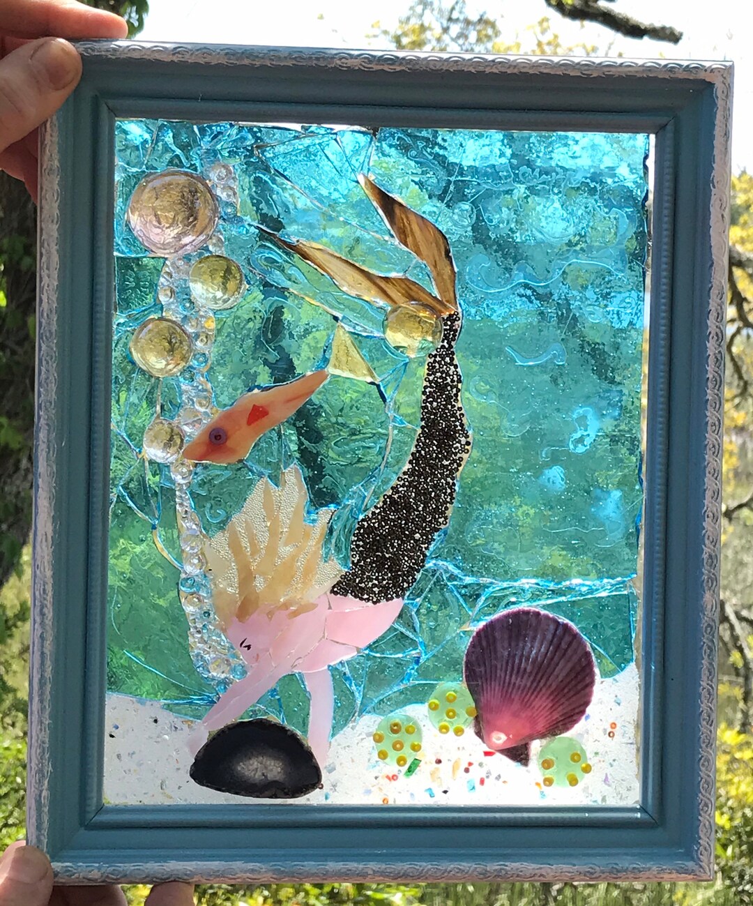 Merman Mermaid Pearl Diver Stained Glass Mosaic Picture Coastal Art ...