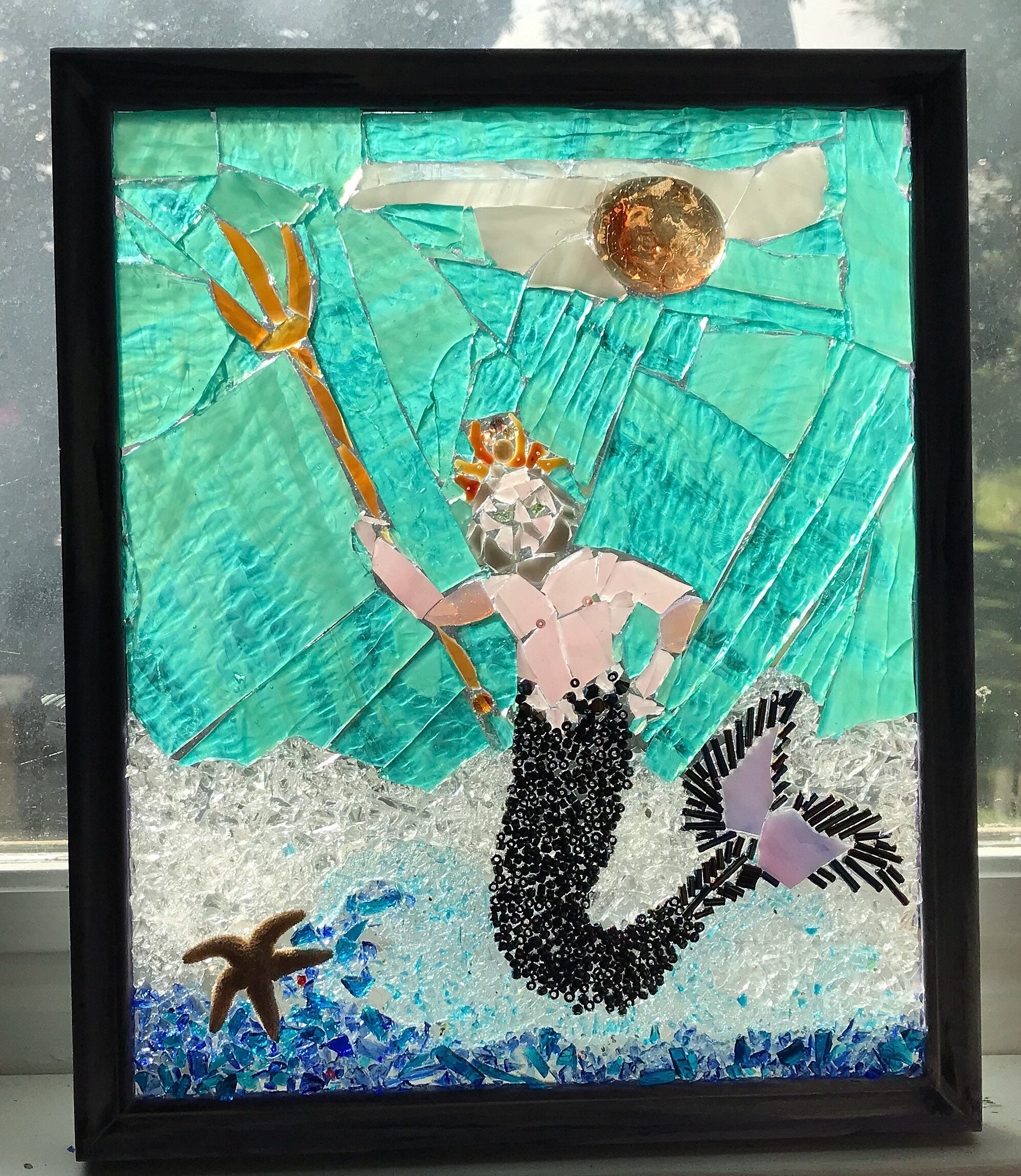Merman Mermaid Pearl Diver Stained Glass Mosaic Picture Coastal Art ...