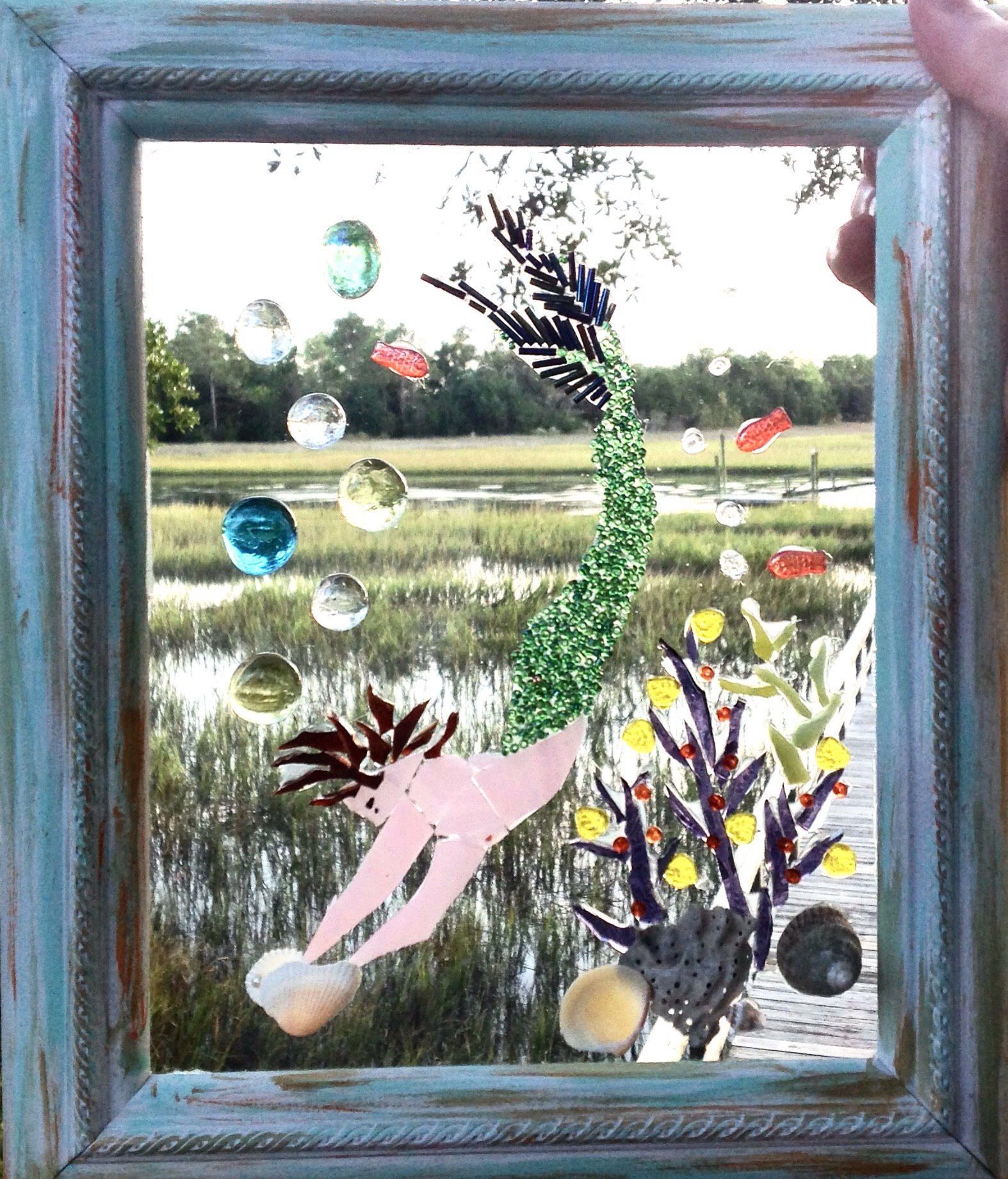 Merman Mermaid Pearl Diver Stained Glass Mosaic Picture Coastal Art ...
