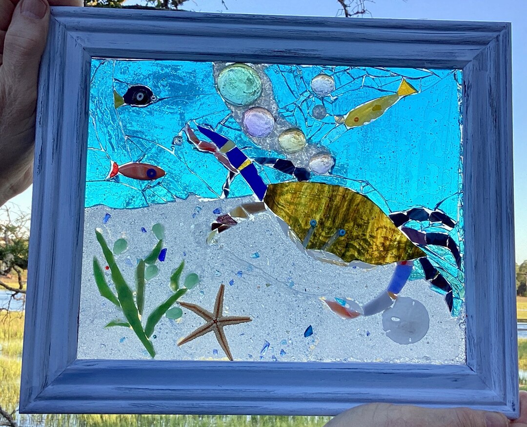 Blue Crab Original Stained Glass Window Beach Coastal Unique OOAK Art ...