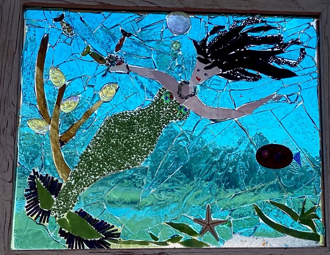READY 2 SHIP Mermaid Feeding Fish Mosaic Sea Life Stained Glass Art ...