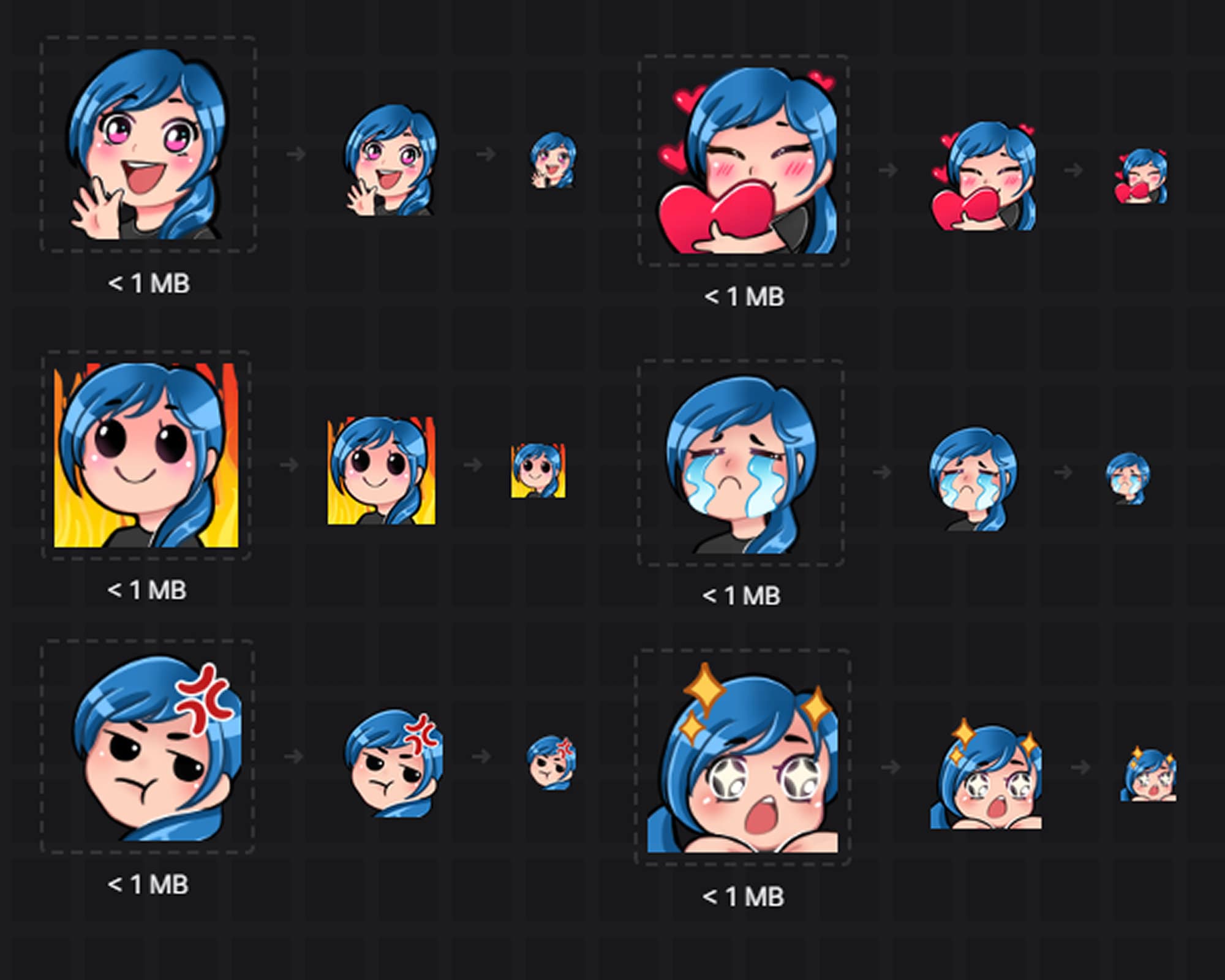 Chibi Twitch Emotes Blue Hair With Ponytail Streamer Cute Girl Emotes ...