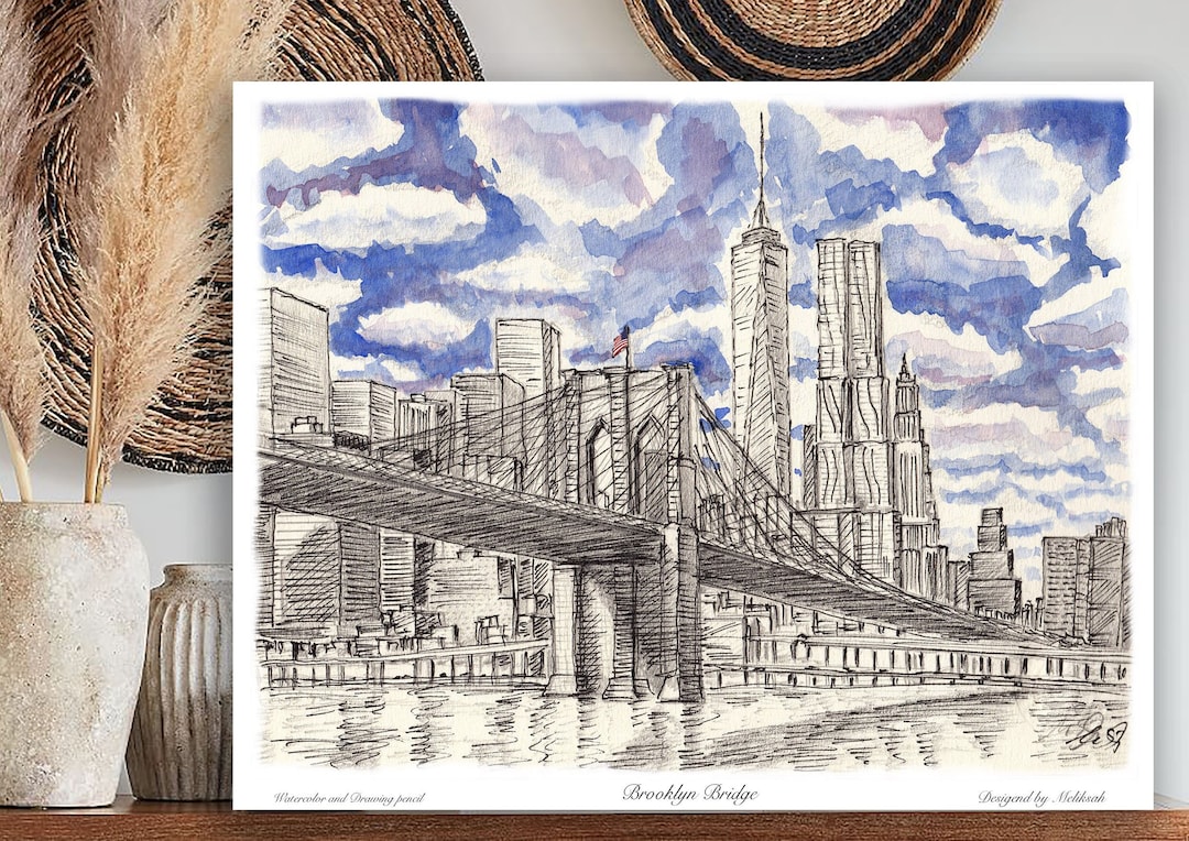 Brooklyn Bridge, Freedom Tower, Watercolor and Drawing Pencil, Brooklyn ...