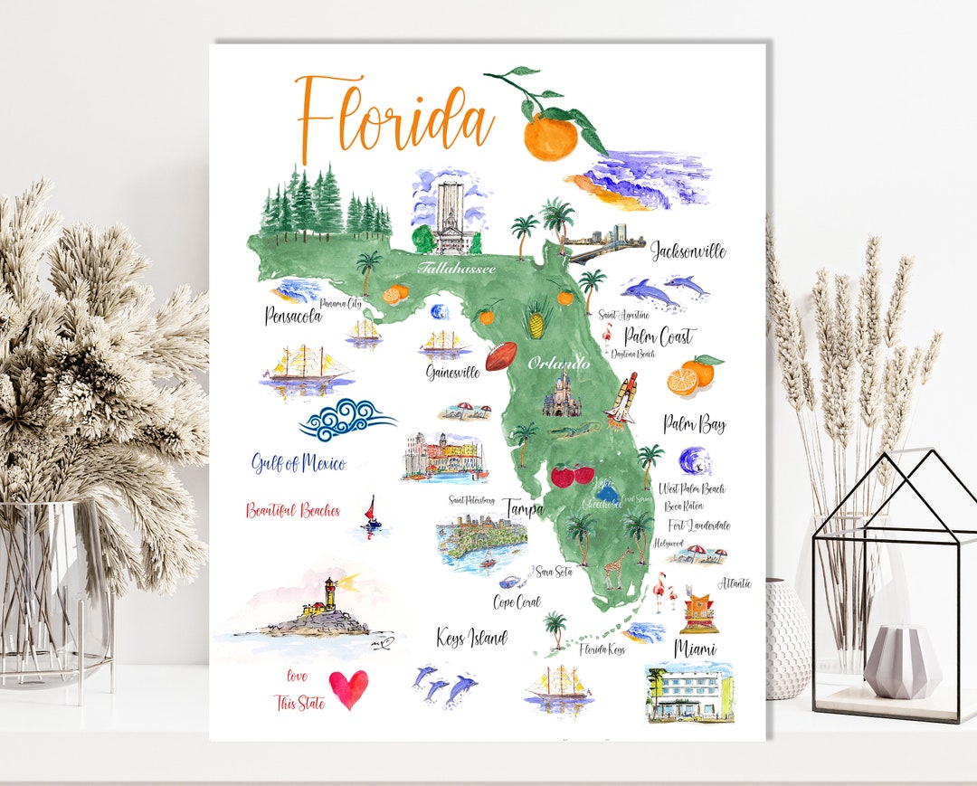 Florida Map Print, Vintage Style Map, Florida History, Gallery Wall Art ...