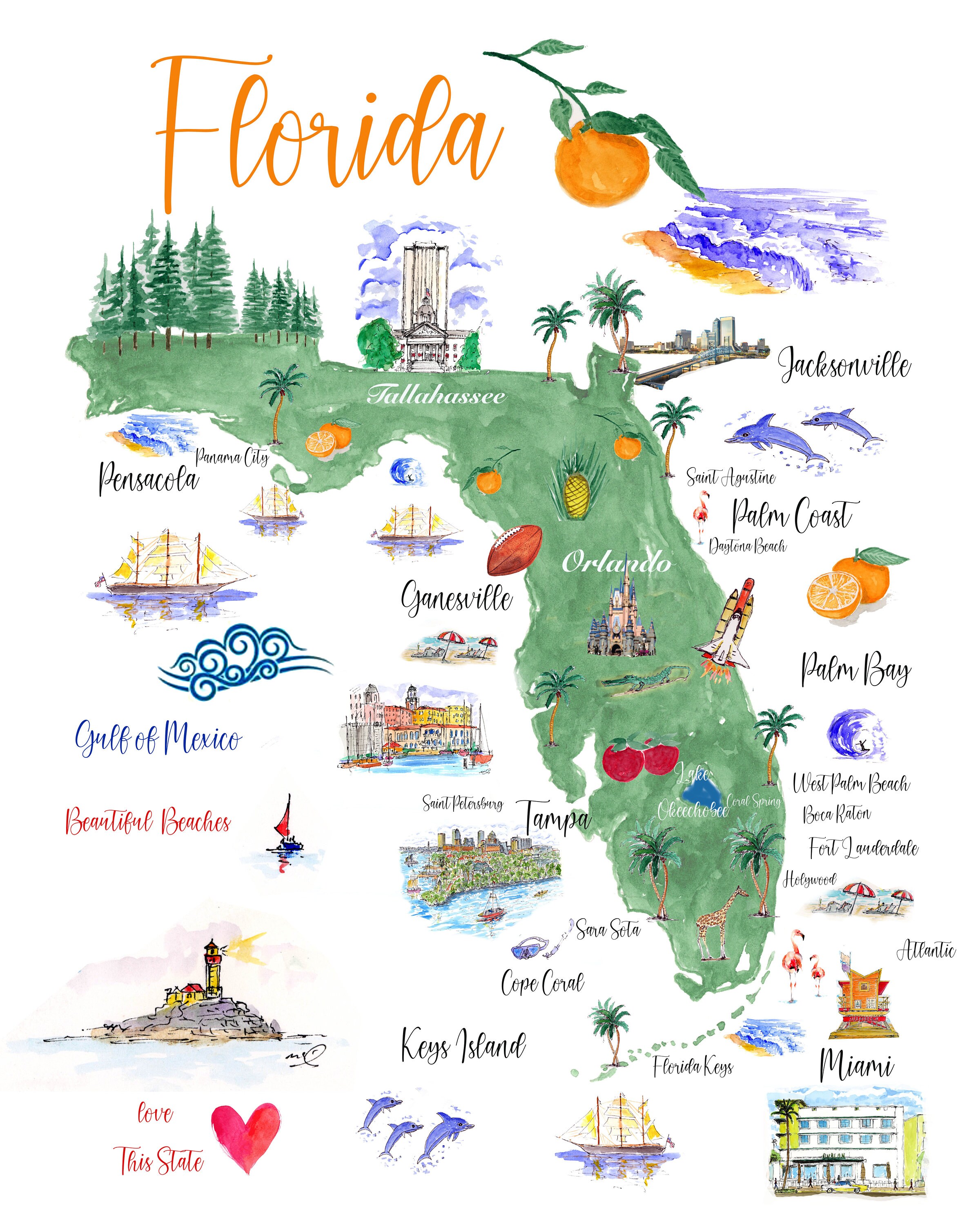 Florida Map Print Vintage Style Map Florida History Gallery - Etsy