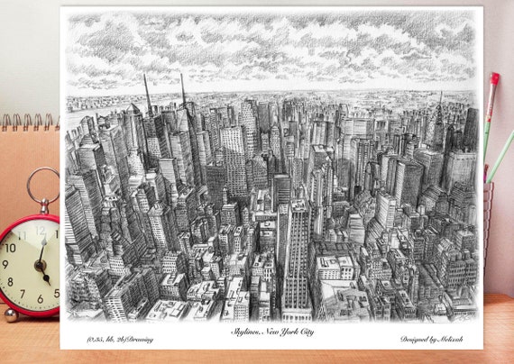 Skyline Drawing Manhattan Drawing New York Drawing Print - Etsy