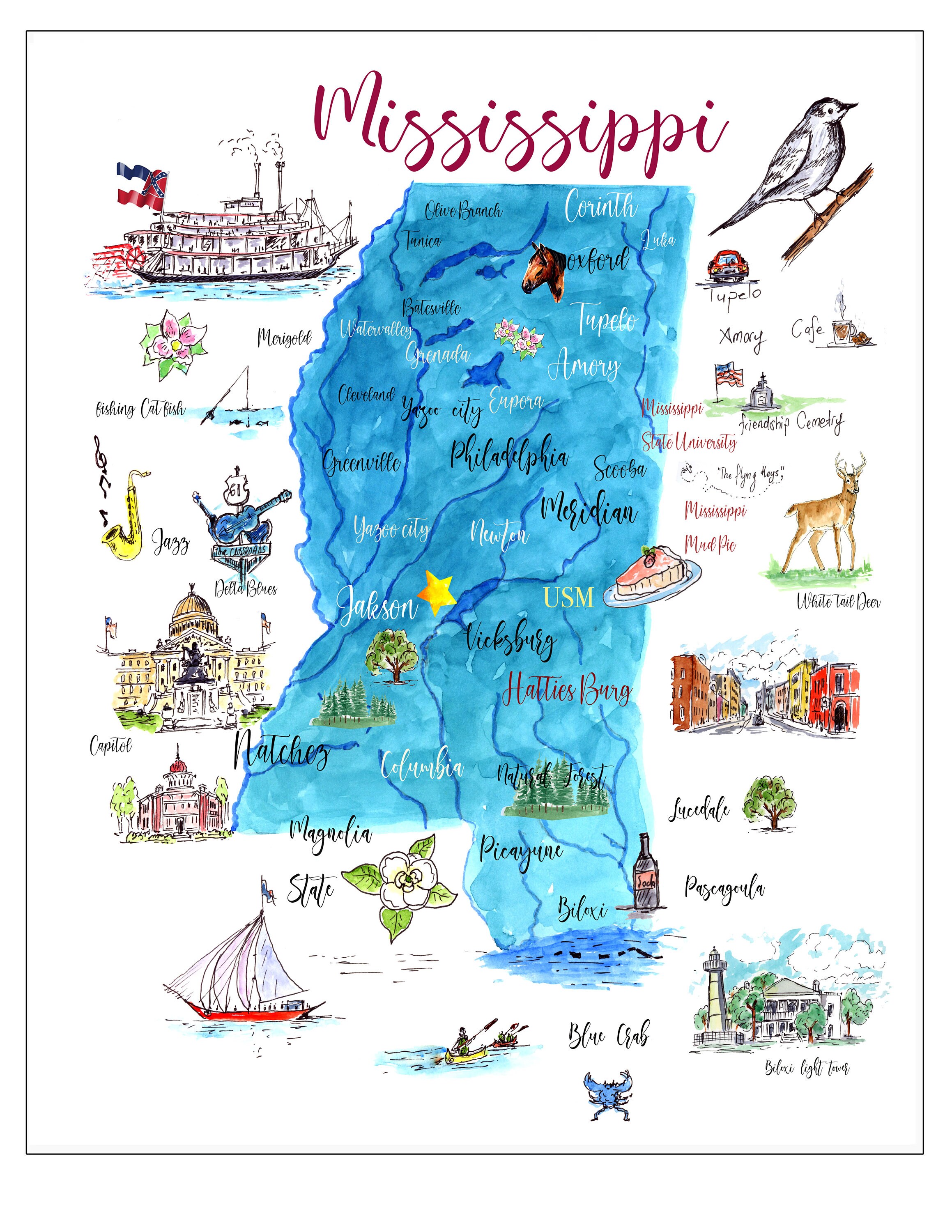 Mississippi Art Mississippi Map Mississippi Print Unframed - Etsy