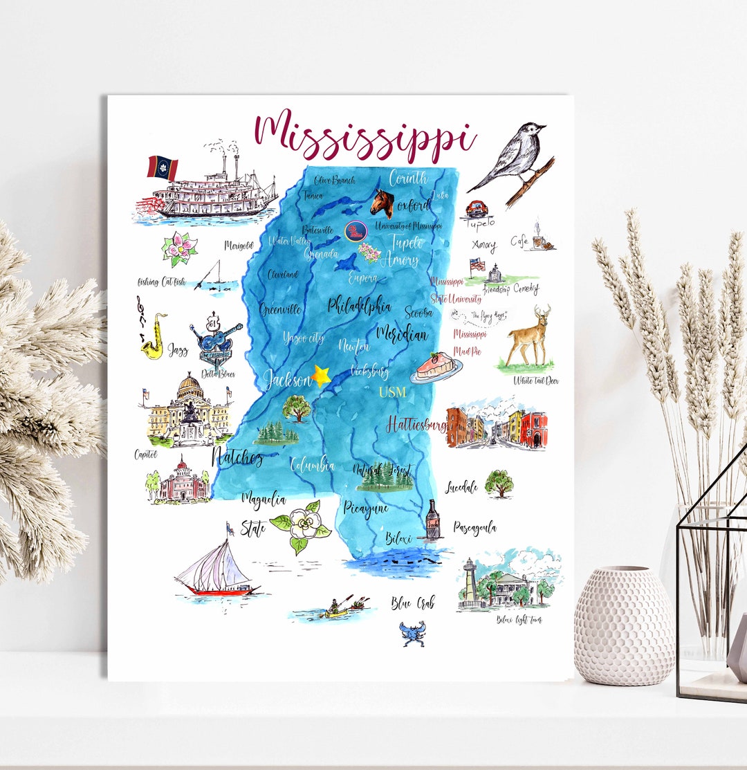 Mississippi Art, Mississippi Map, Mississippi Print, Unframed, Print ...